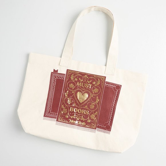 Modcloth | Bags | New Modcloth Must Love Books Red And Natural Gold ...